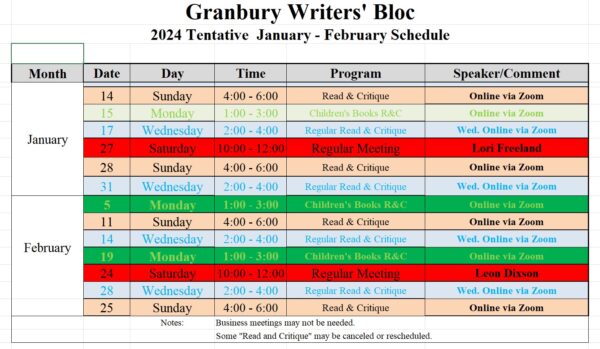 January – February Schedule | Granbury Writers' Bloc